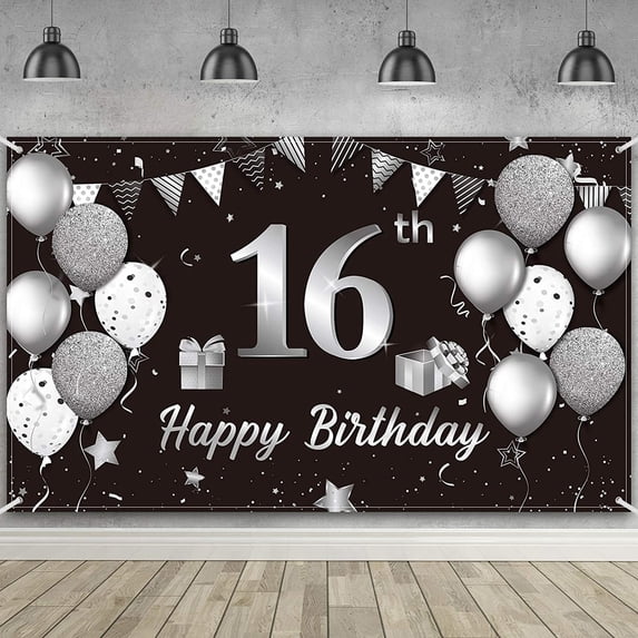 Happy 16th Birthday Backdrop Banner Extra Large Fabric Black Silver ...