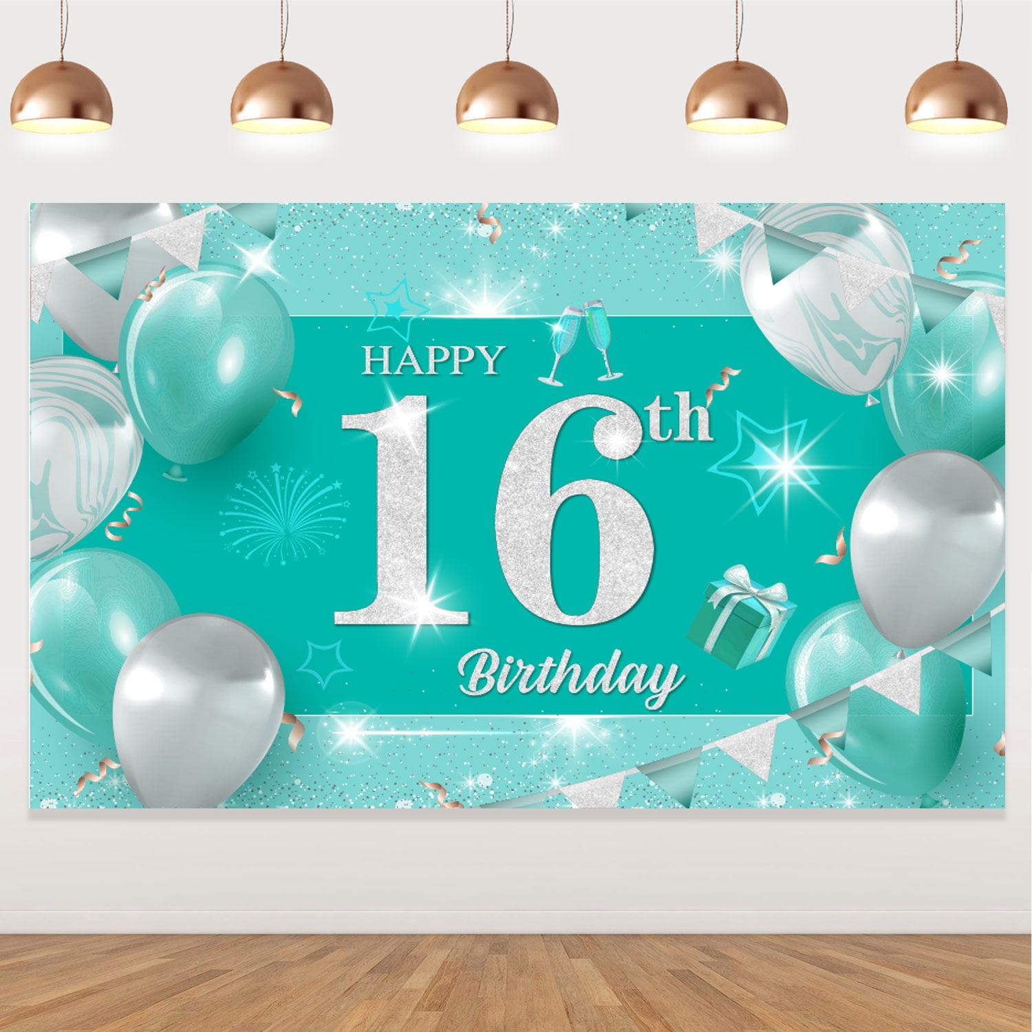Happy 16th Birthday Backdrop, 16th Birthday Decorations Banner, Teal ...