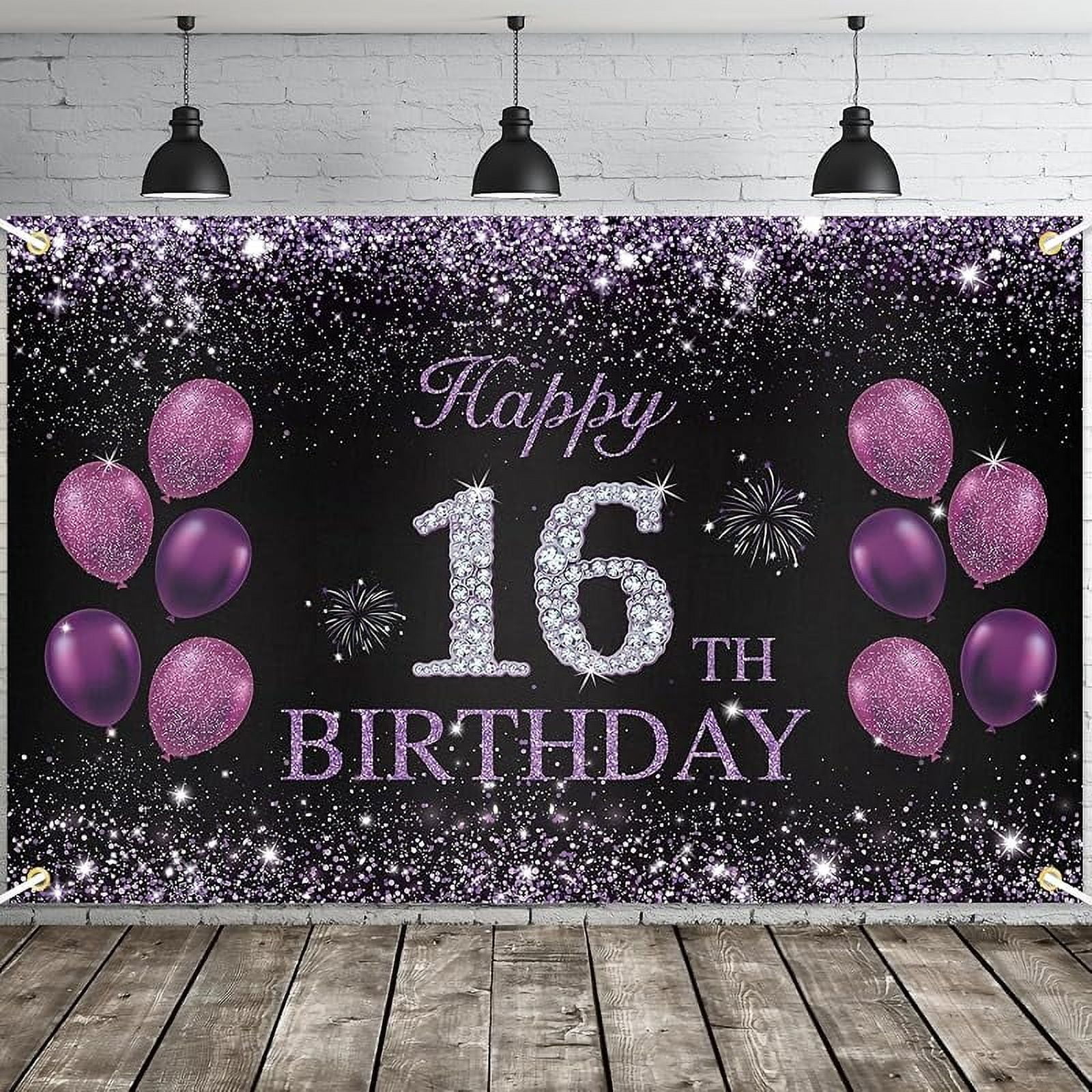 Happy 16th Birthday Banner, Purple Happy 16th Birthday Party ...