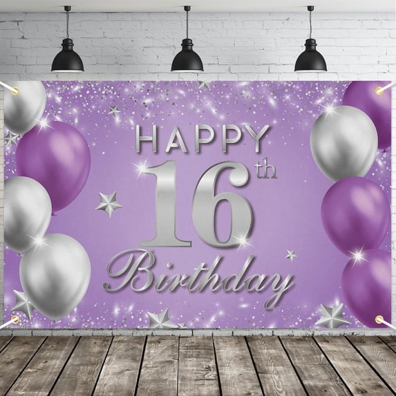 Happy 16th Birthday Banner, Purple Silver 16th Birthday Party ...