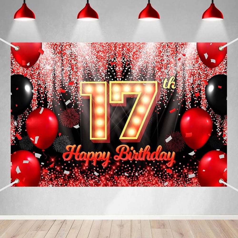 Happy 17th Birthday Backdrop Banner Black and Red Theme Background with ...