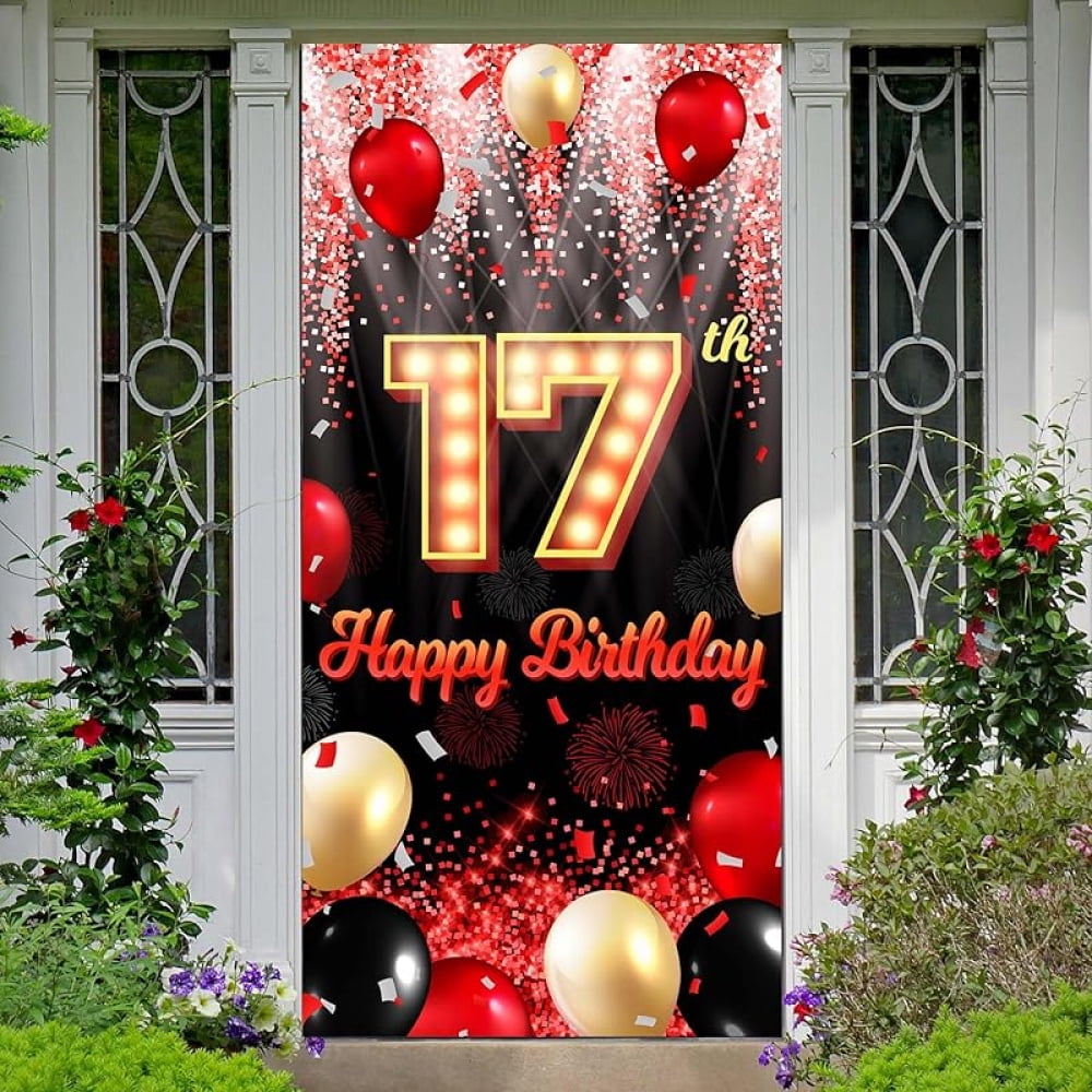 Happy 17th Birthday Backdrop Banner Black and Red Theme Background with ...