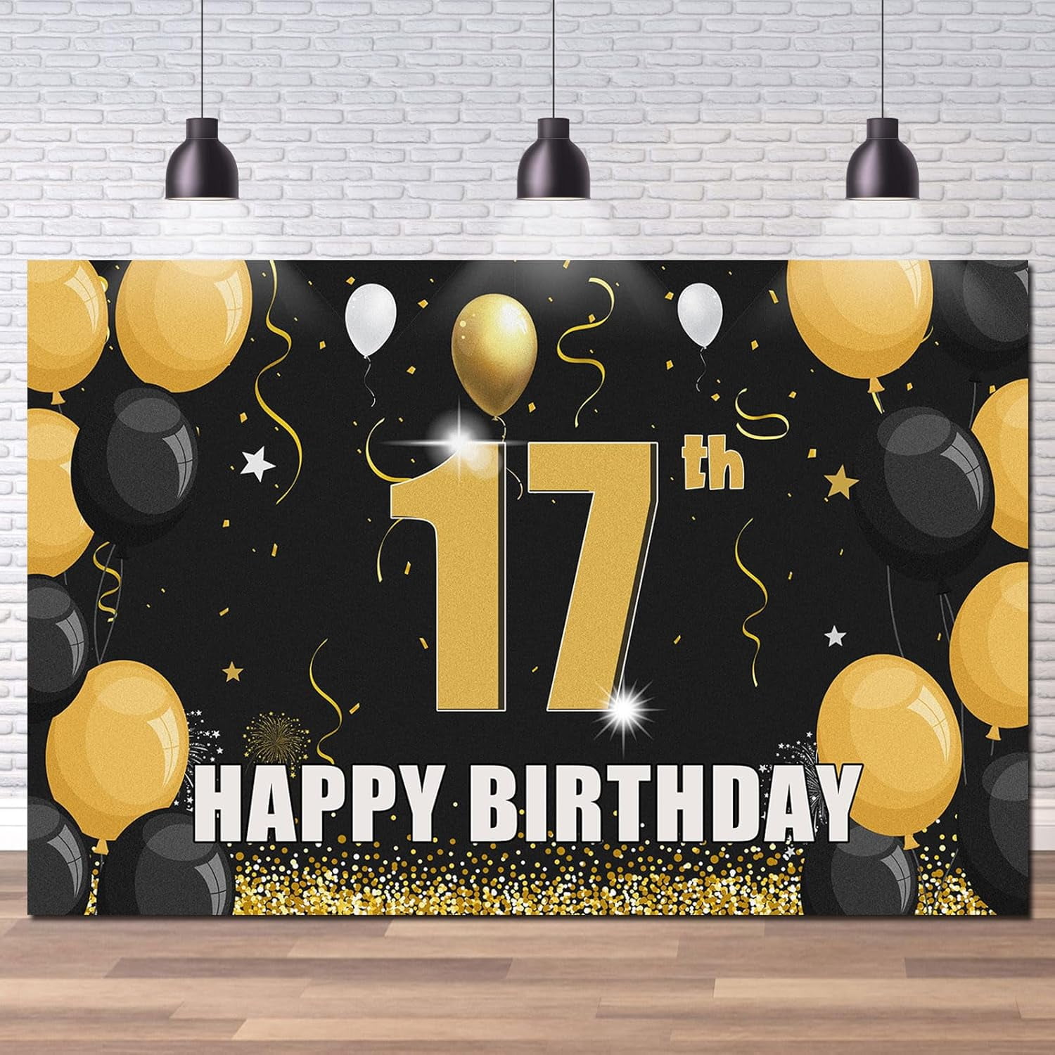 Happy 17th Birthday Backdrop Banner Black and Gold 17th Birthday Poster ...