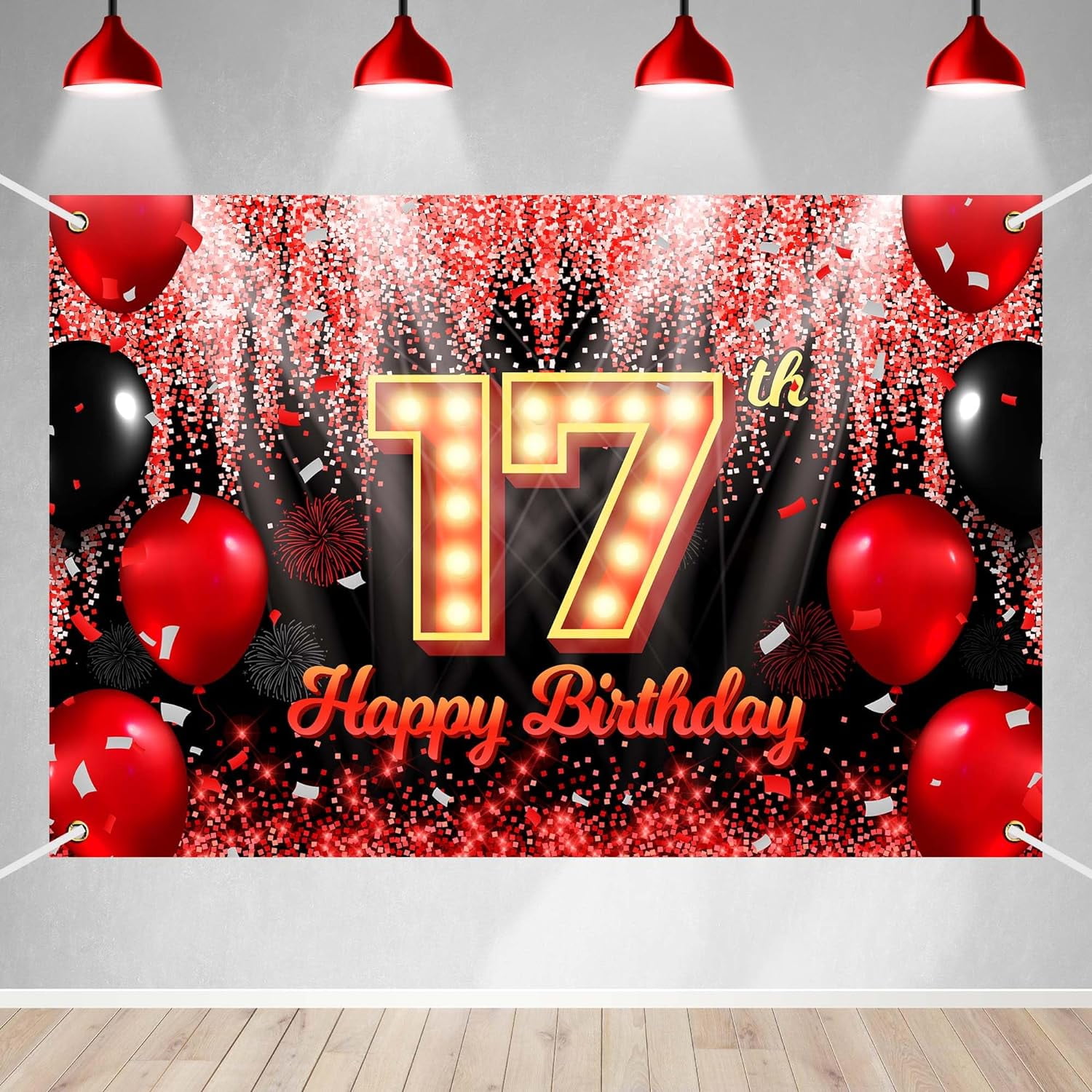 Happy 17th Birthday Backdrop Banner Black and Red Theme Background ...