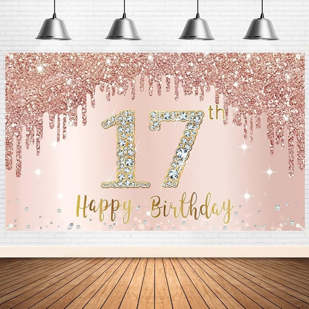 Happy 17th Birthday Banner Backdrop Decorations for Girls, Rose Gold 17 ...