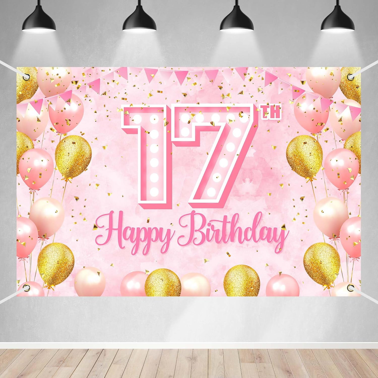 Happy 17th Birthday Banner Backdrop Pink Theme Rose Gold Balloons ...