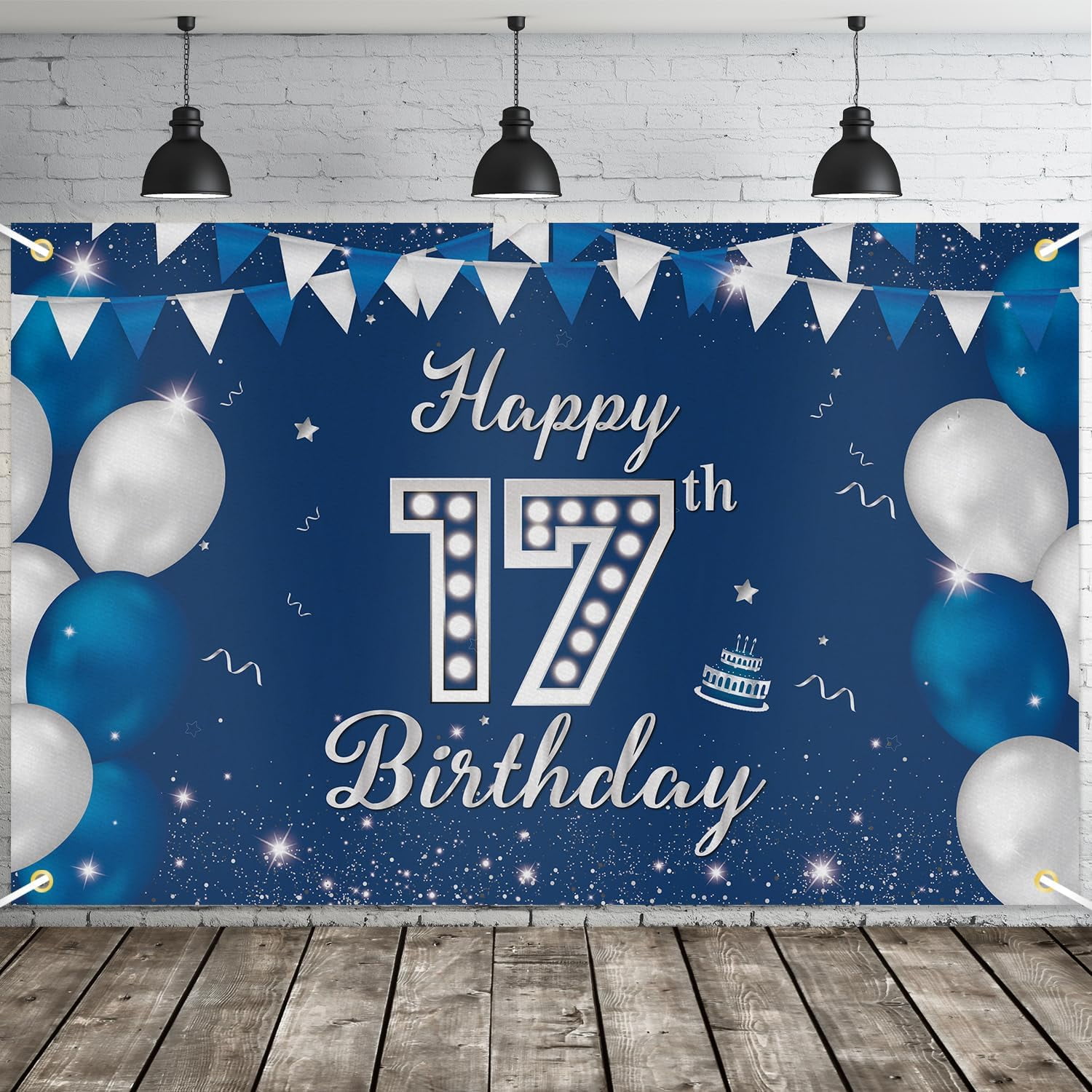 Happy 17th Birthday Banner, Blue Silver Happy 17th Birthday Party ...