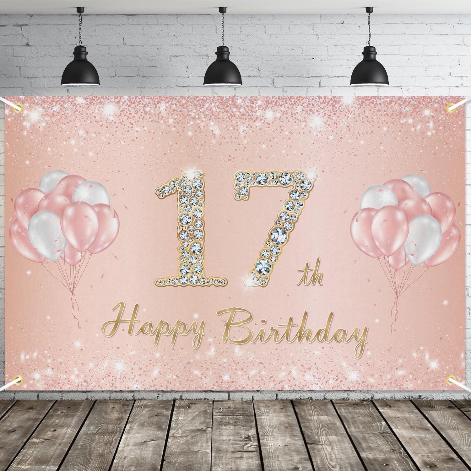 Happy 17th Birthday Banner, Pink Rose Gold Happy 17th Birthday Party ...