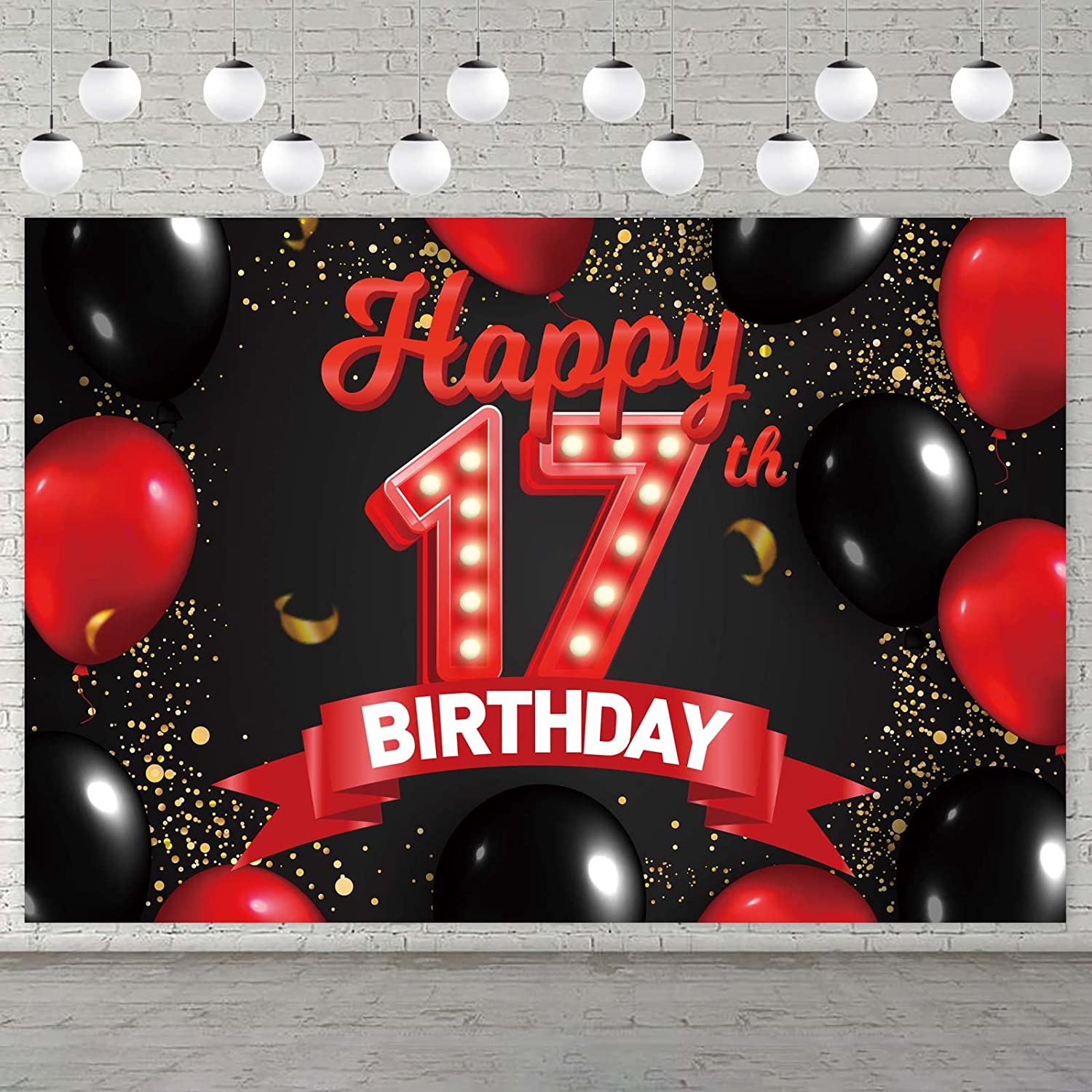 Happy 17th Birthday Red and Black Banner Backdrop Decorations Balloons ...