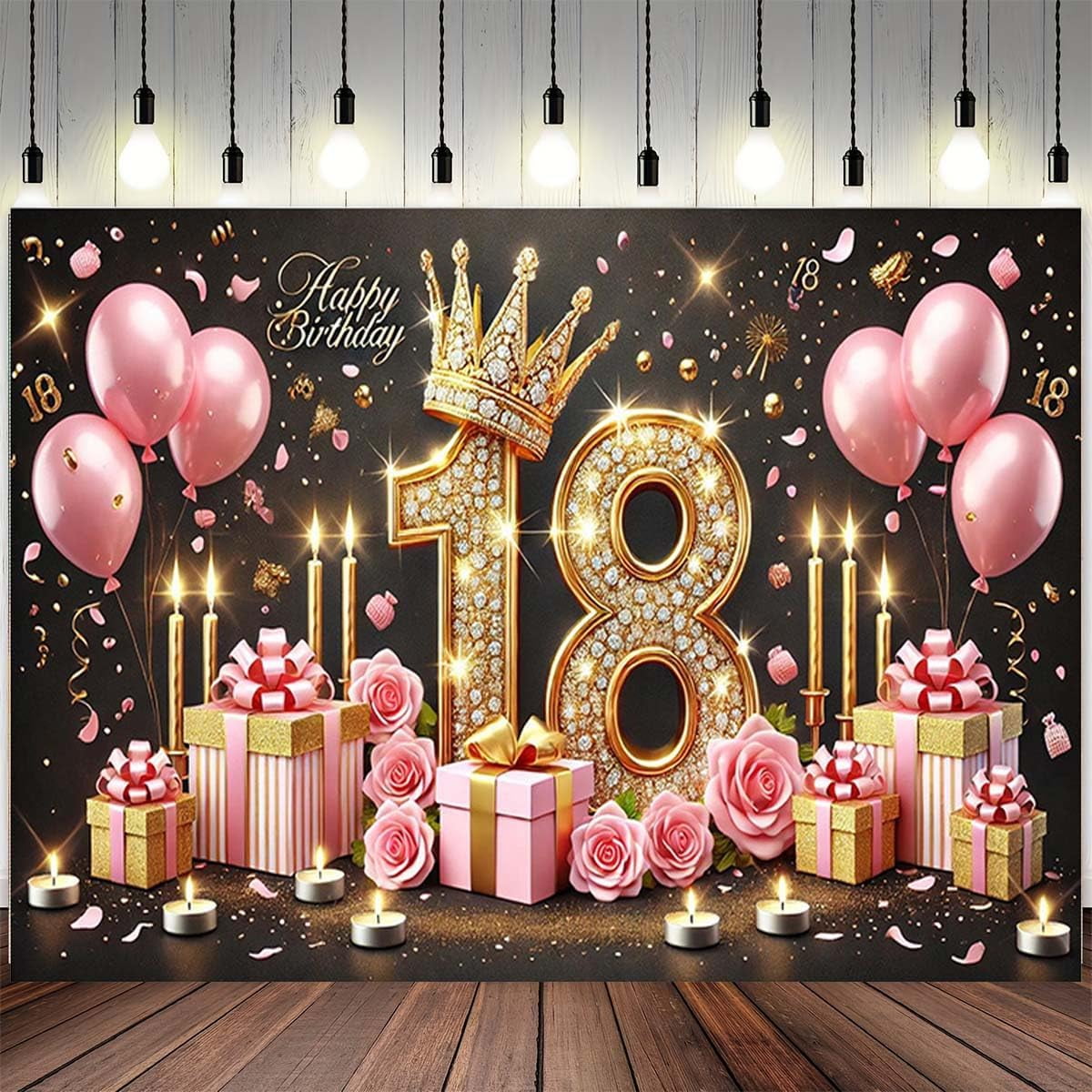 Happy 18th Birthday Backdrop Banner Black and Pink Balloons Golden Crown Theme Background for ...