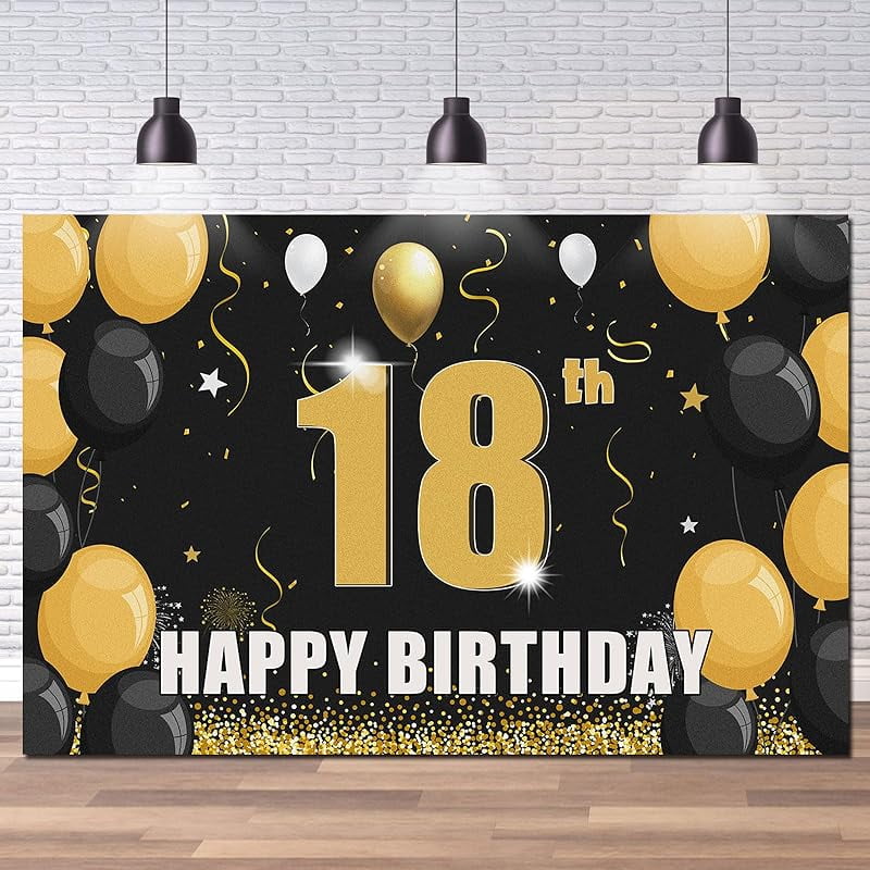 Happy 18th Birthday Backdrop Banner Black and Gold 18th Birthday Poster ...