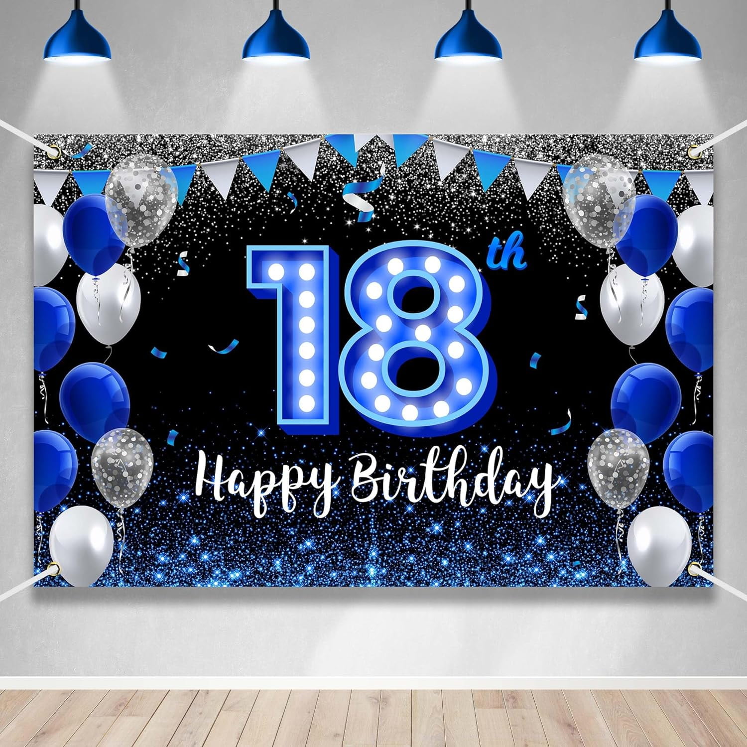 Happy 18th Birthday Backdrop Banner Blue Black Theme Background with ...