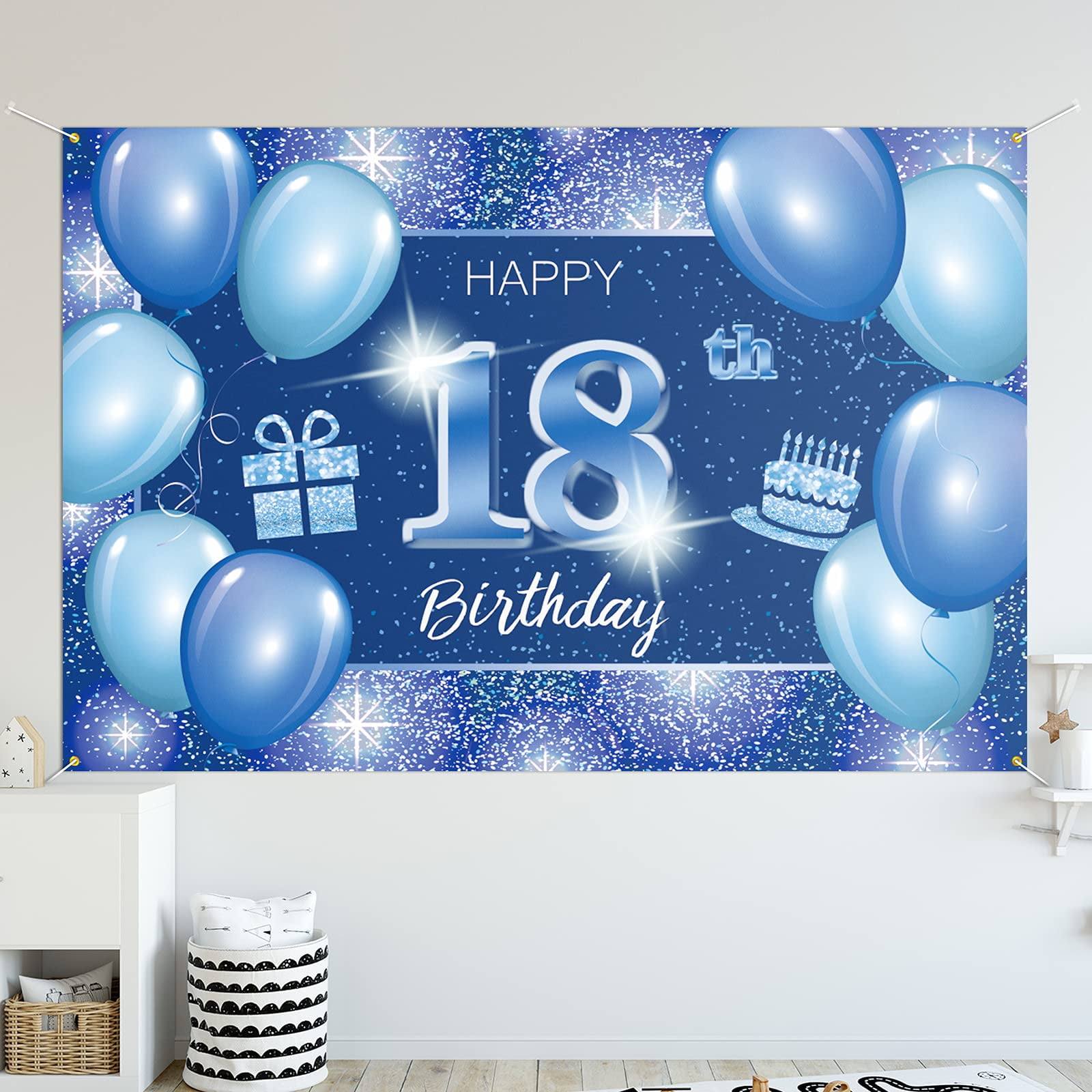 Happy 18th Birthday Backdrop Banner Decor KKS1 Blue - Dot Glitter ...