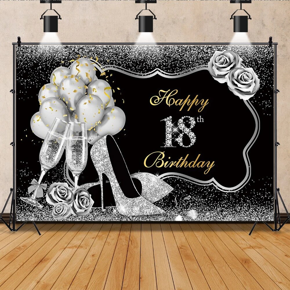 Happy 18th Birthday Backdrop Rose High Heels Champagne Silver Glasses ...