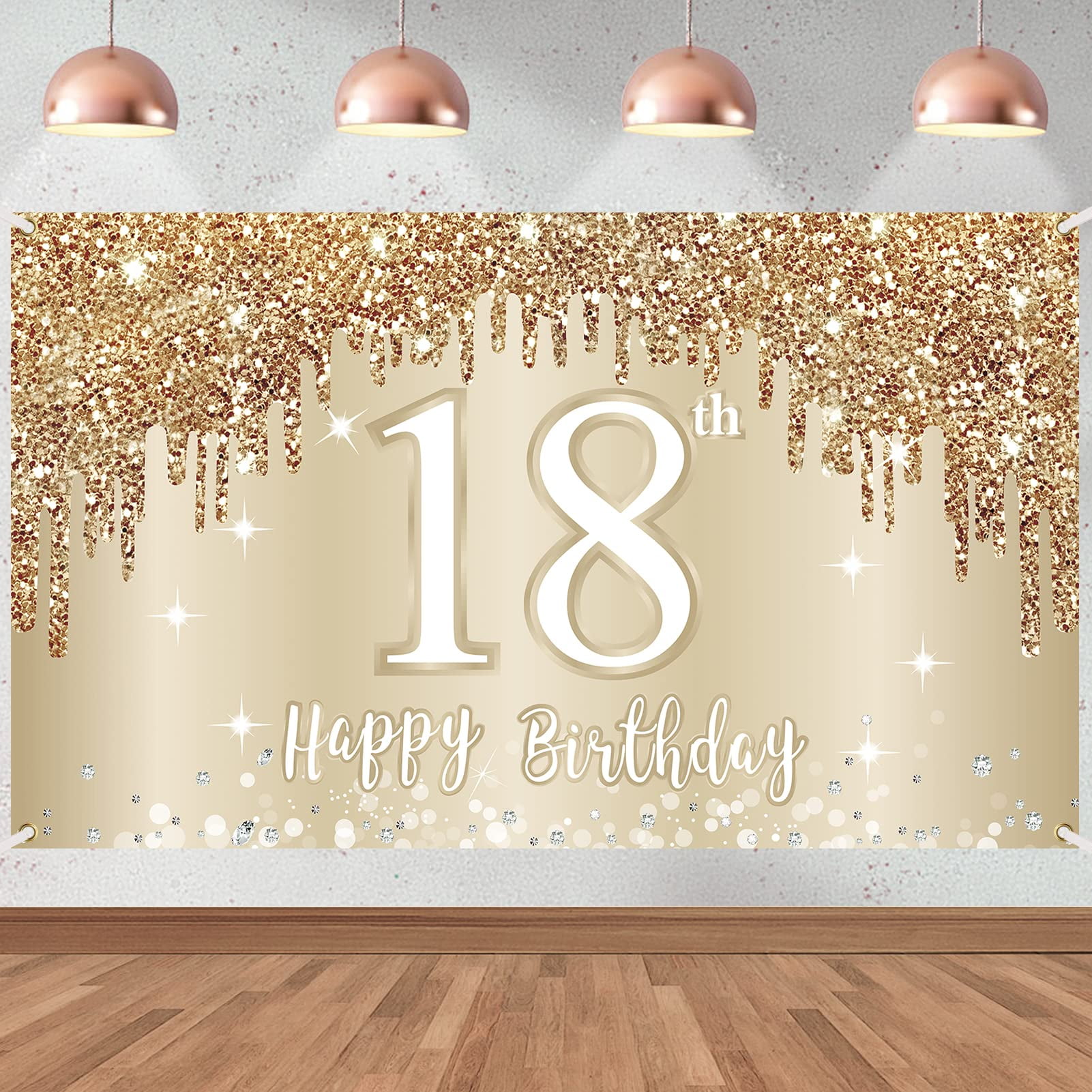 Happy 18th Birthday Banner Backdrop Decorations AFN1for Girls, Gold White Sweet 18 Birthday Sign ...