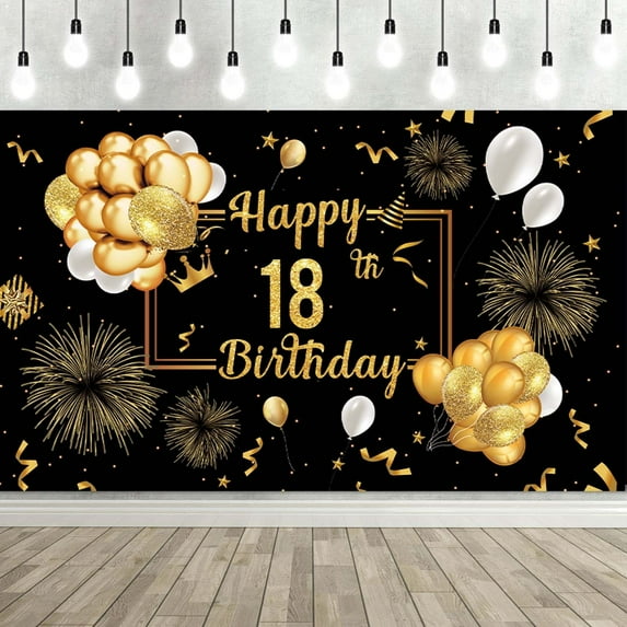 Happy 18th Birthday Banner - Black Gold Party Backdrop Sign for Women ...