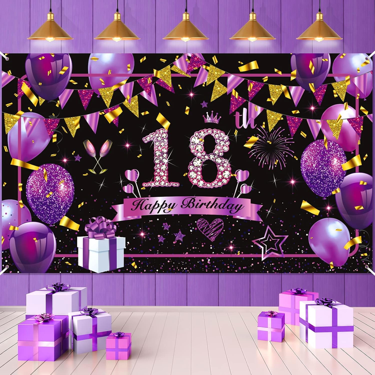 Happy 18th Birthday Banner for Girls Purple 18th Birthday Decorations ...