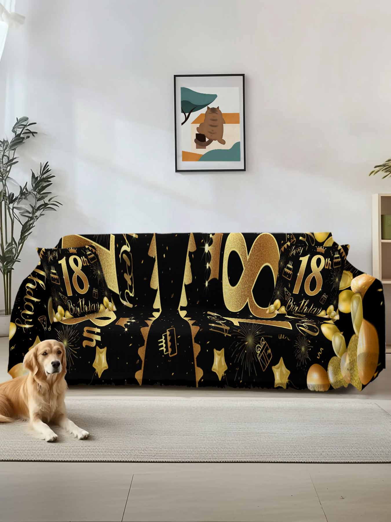 Happy 18th Birthday Couch Cover, Black Golden Balloon Cake Fireworks ...