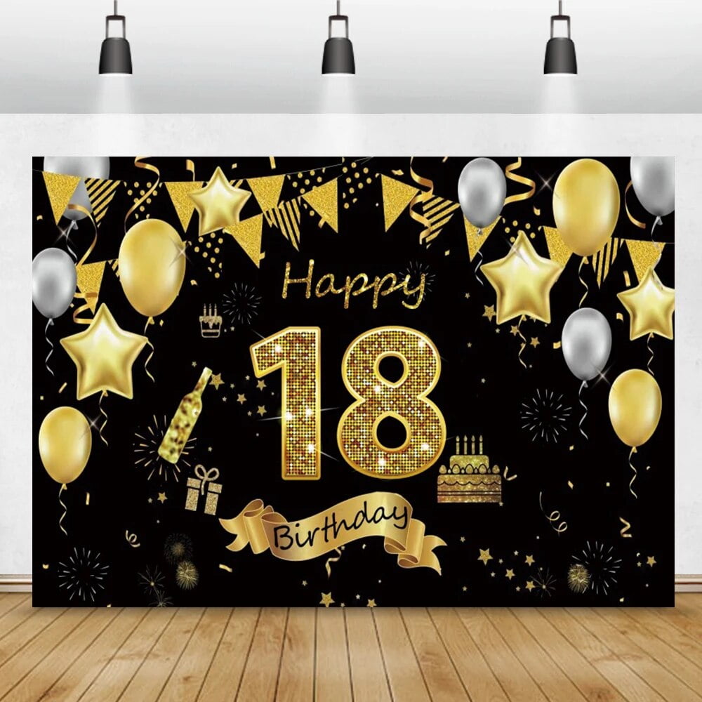 Happy 18th Birthday Party Poster Banner Golden Silver Balloon Stars ...