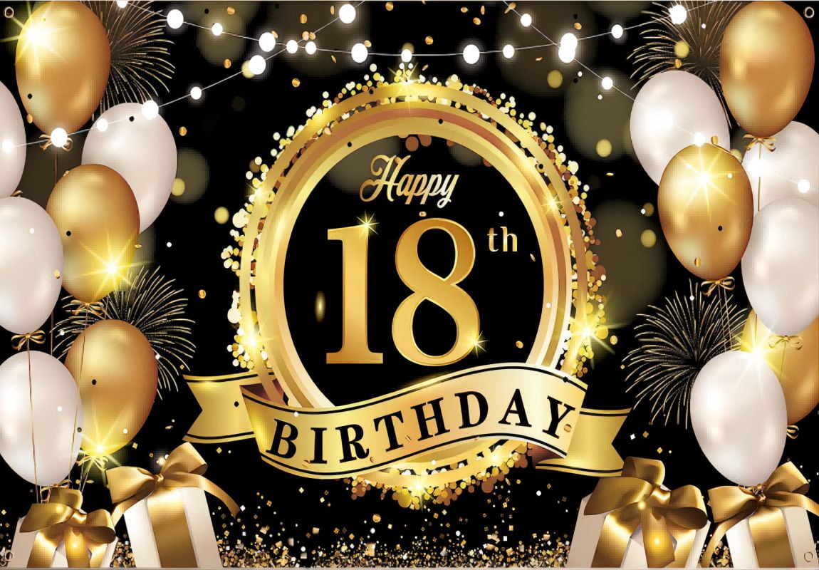 Happy 18th Birthday Party ration Backdrop Banner Black Gold Poster ...