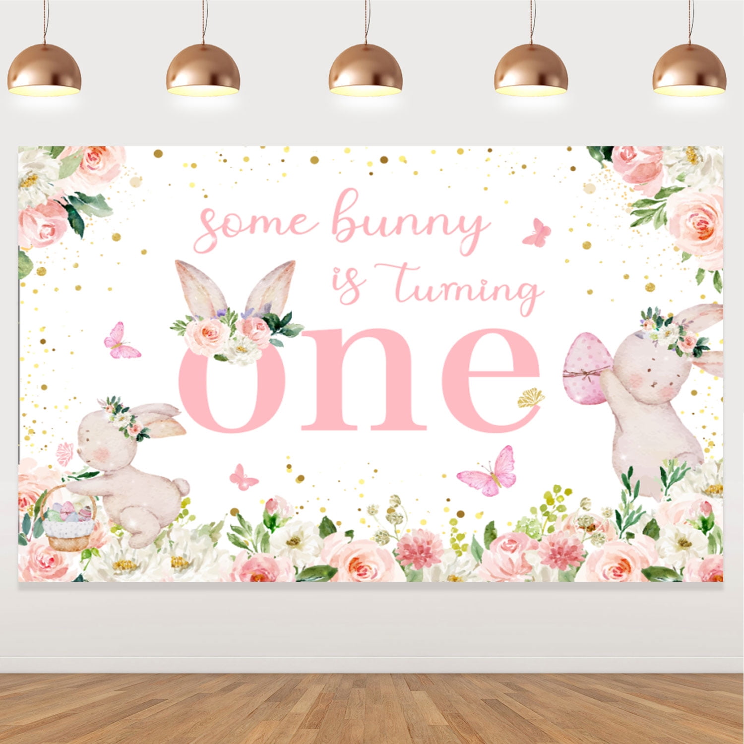 1st Birthday Girl Bunny Party Backdrop, Happy Bunny One Birthday Photo ...