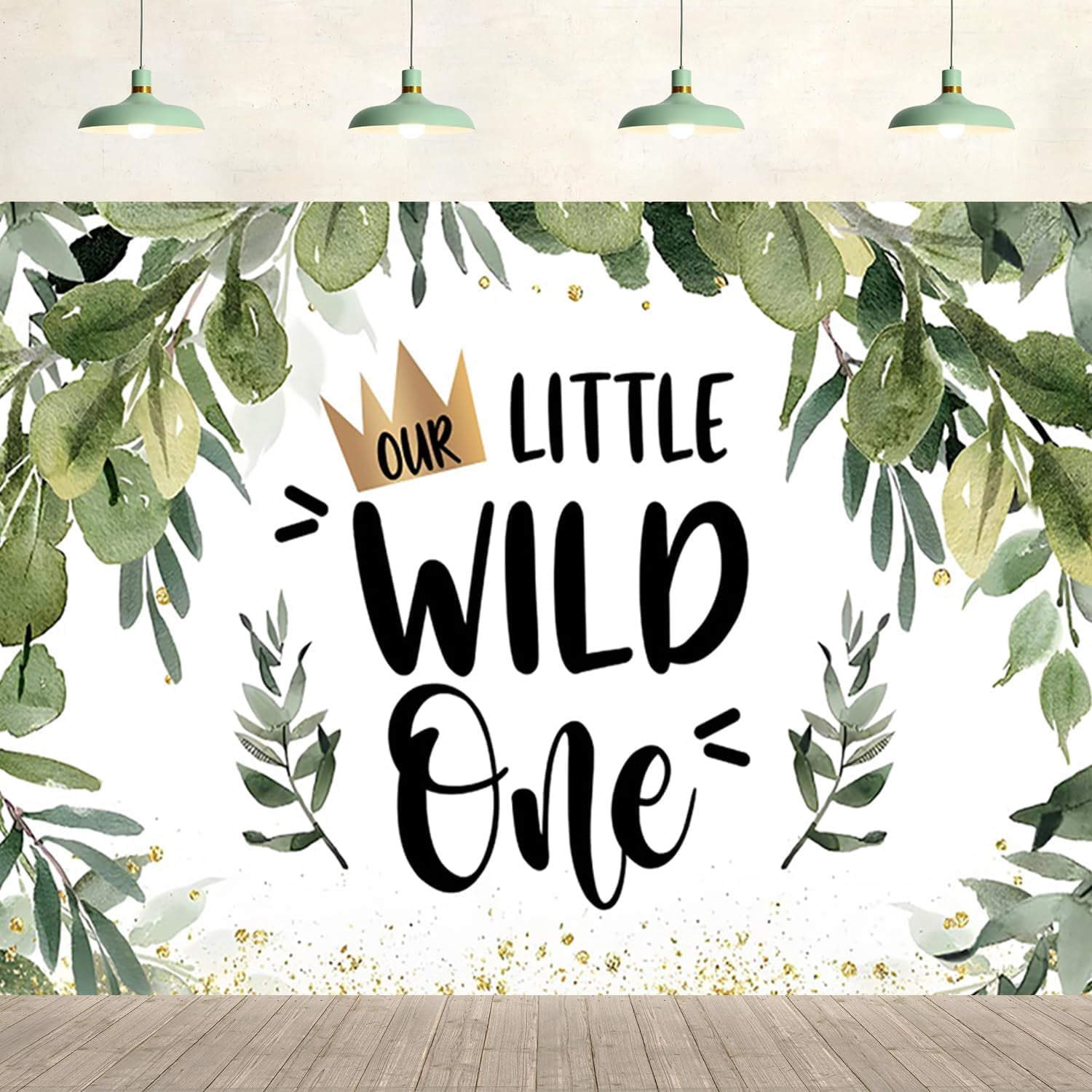 Happy 1st Birthday Backdrop Our Little Wild One Green Leaves Glitter ...