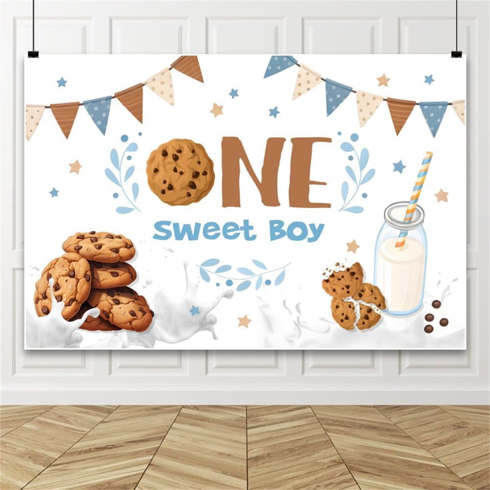 Happy 1st Birthday Background Banner One Sweet Boy Milk Cookies Cute ...