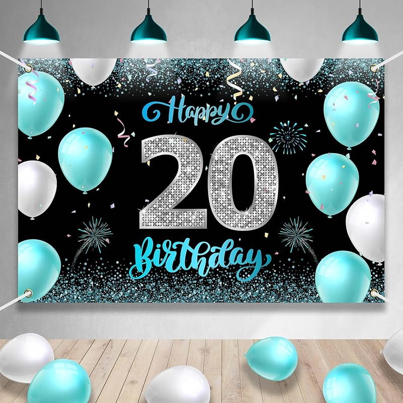 Happy 20th Birthday Backdrop Banner Black and Light Blue Balloon ...