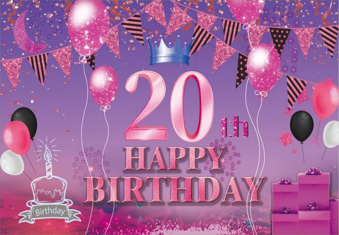 Happy 20th Birthday Backdrop Banner Pink Purple Supplies for ...