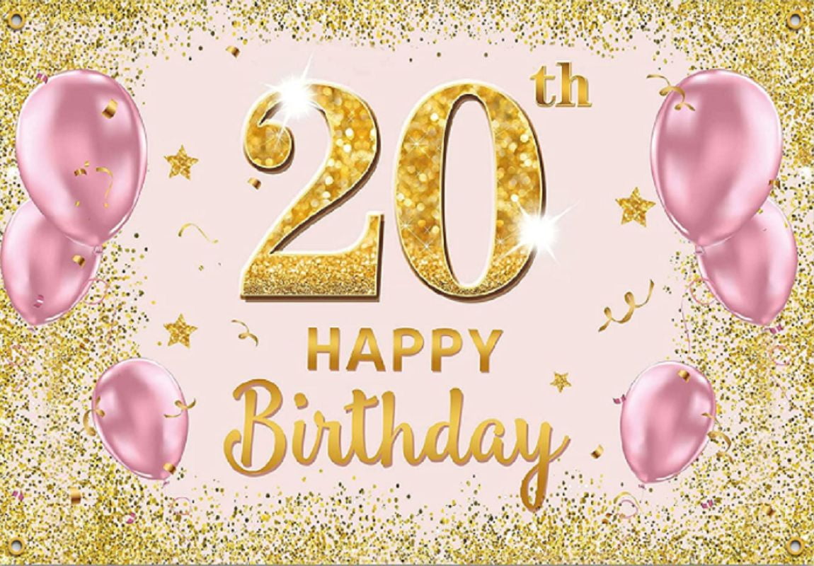 Happy 20th Birthday Gold Pink Photography Backdrop Banner Party rations ...