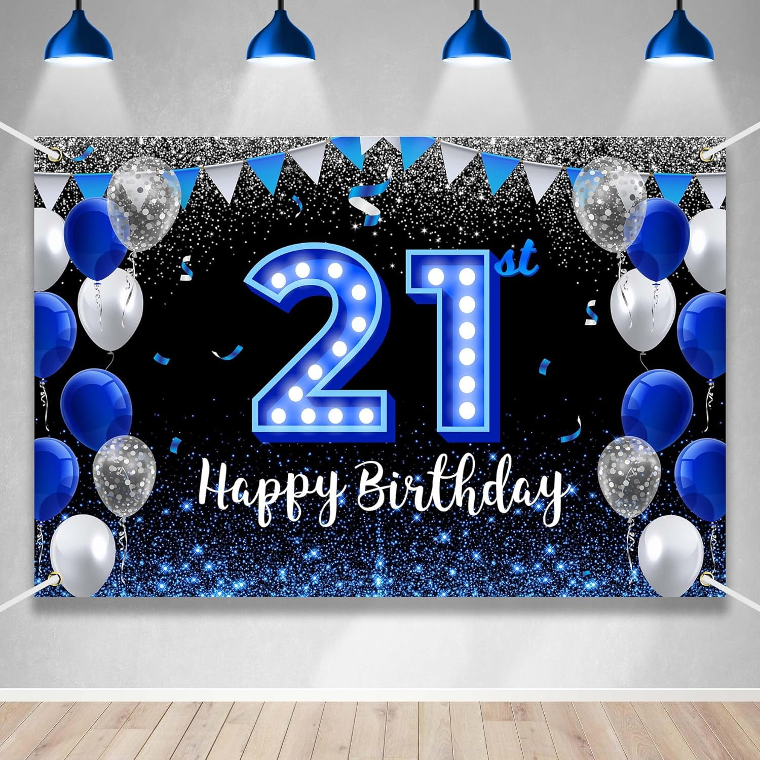 Happy 21st Birthday Backdrop Banner Blue Black Theme Background with ...