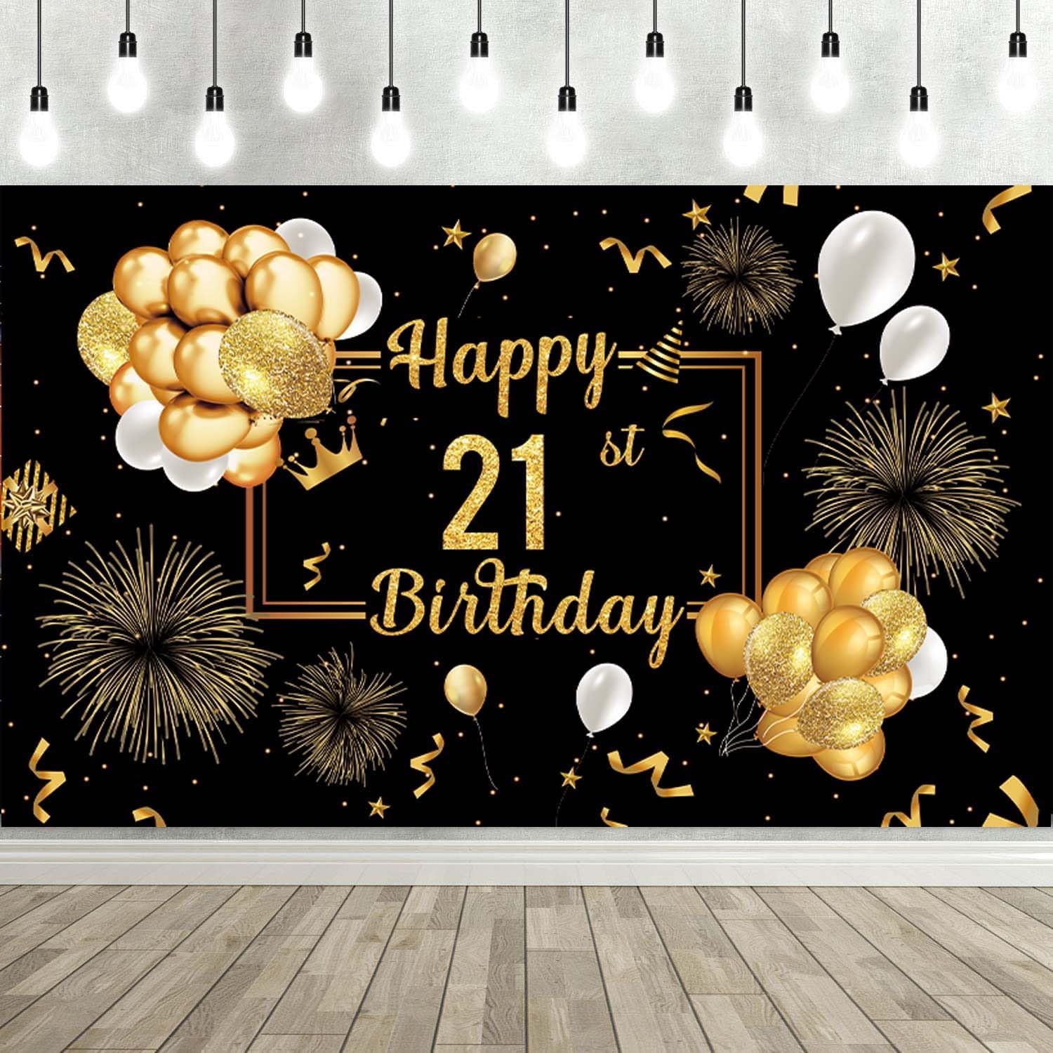 Happy 21st Birthday Banner - Black Gold Party Backdrop Sign for Women ...