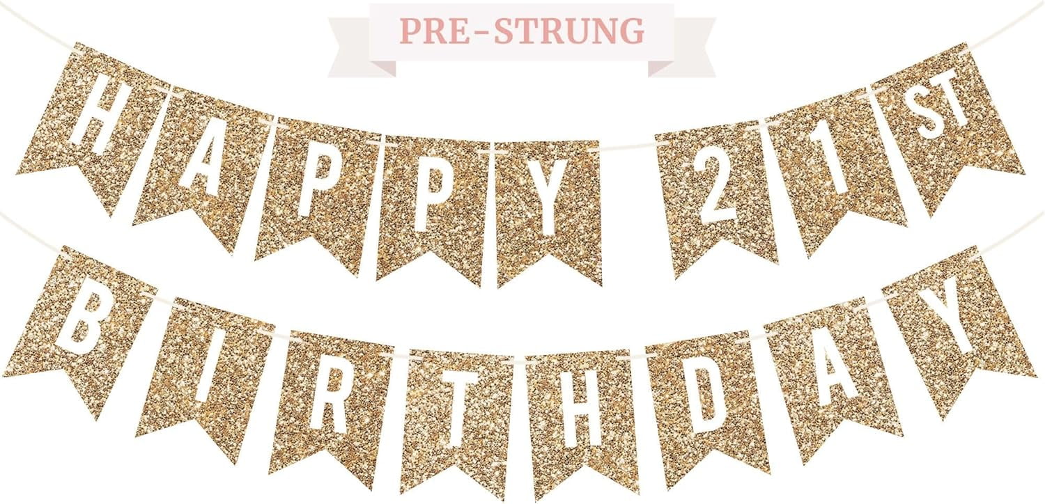 Happy 21st Birthday Banner - - Gold Glitter 21st Birthday Party Banner for Men & Women - Garland ...