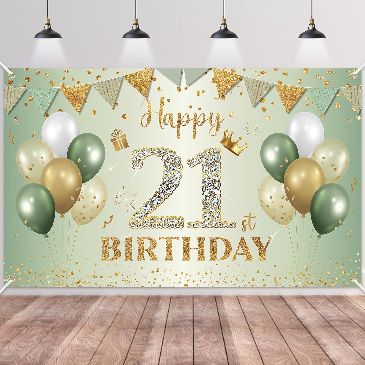 Happy 21st Birthday Banner Sage Green Gold, 21st Birthday Backdrop for ...