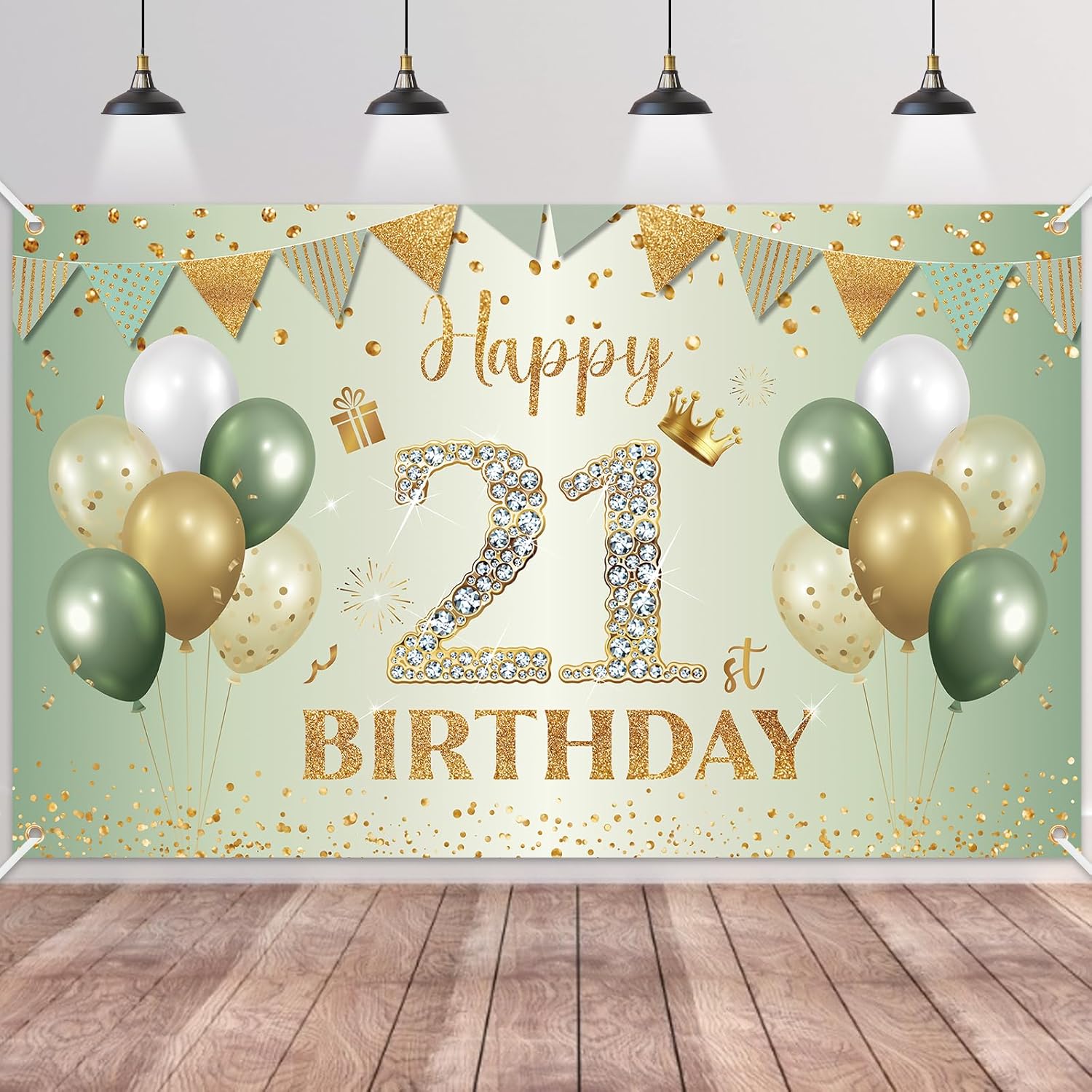 Happy 21st Birthday Banner Sage Green Gold, 21st Birthday Backdrop for ...