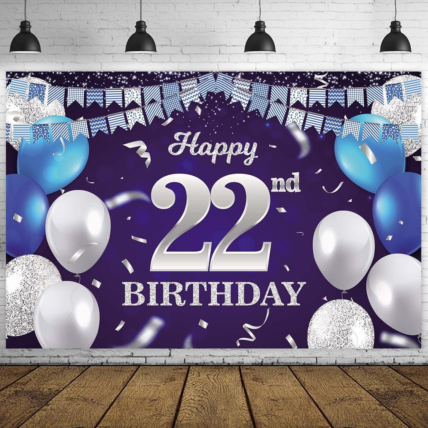 Happy 22nd Birthday Banner Backdrop Navy Blue Balloons Confetti Stripe ...