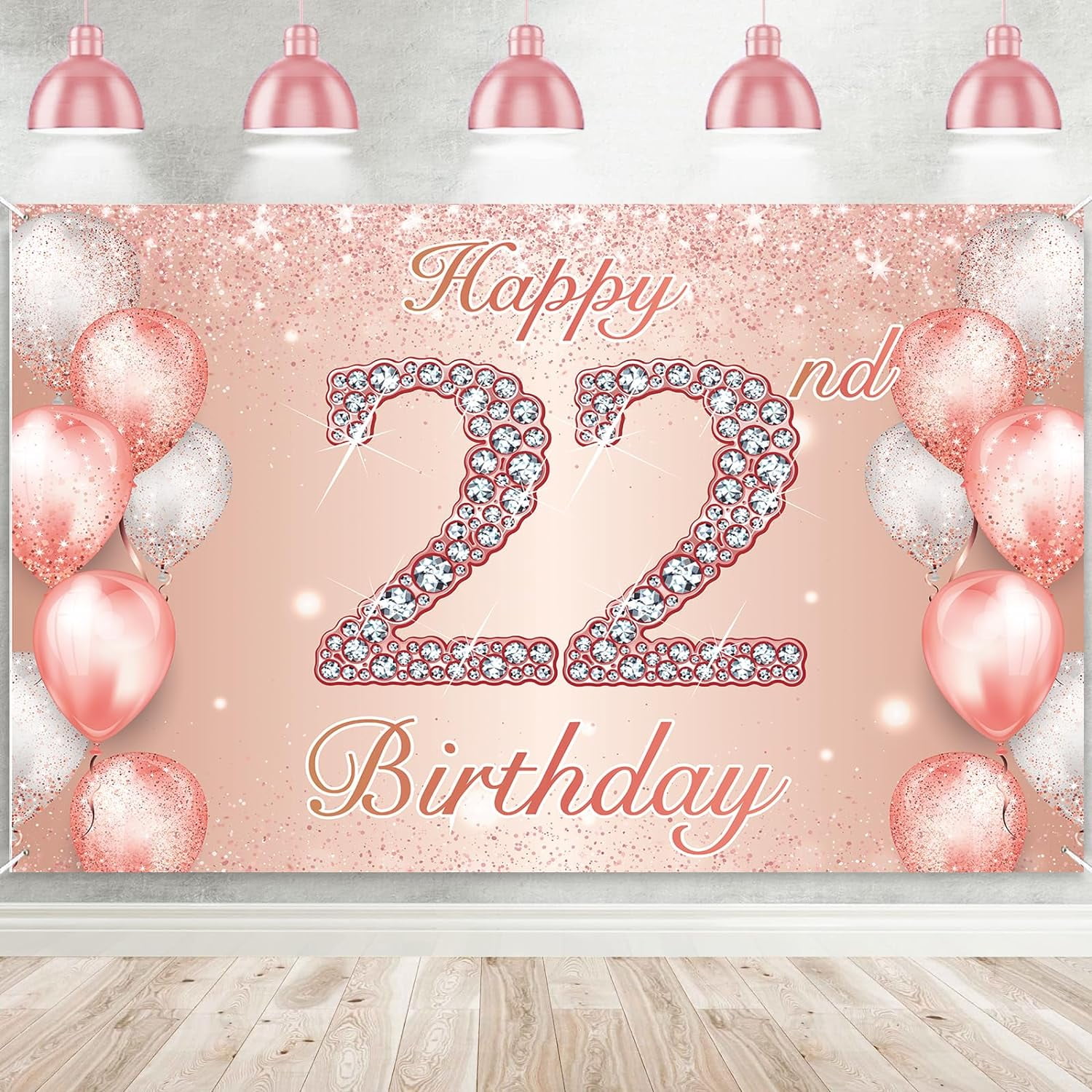 Happy 22nd Birthday Rose Gold Banner Cheers to 22 Years Old Backdrop Confetti Balloons Theme ...