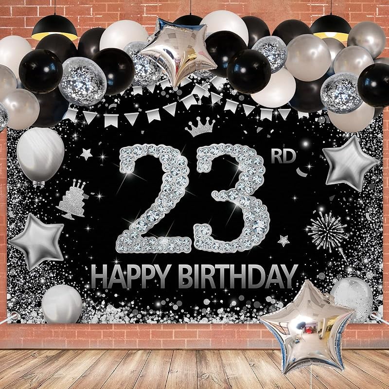 Happy 23rd Birthday Backdrop Banner Decor with Balloons Arch Kit Silver ...