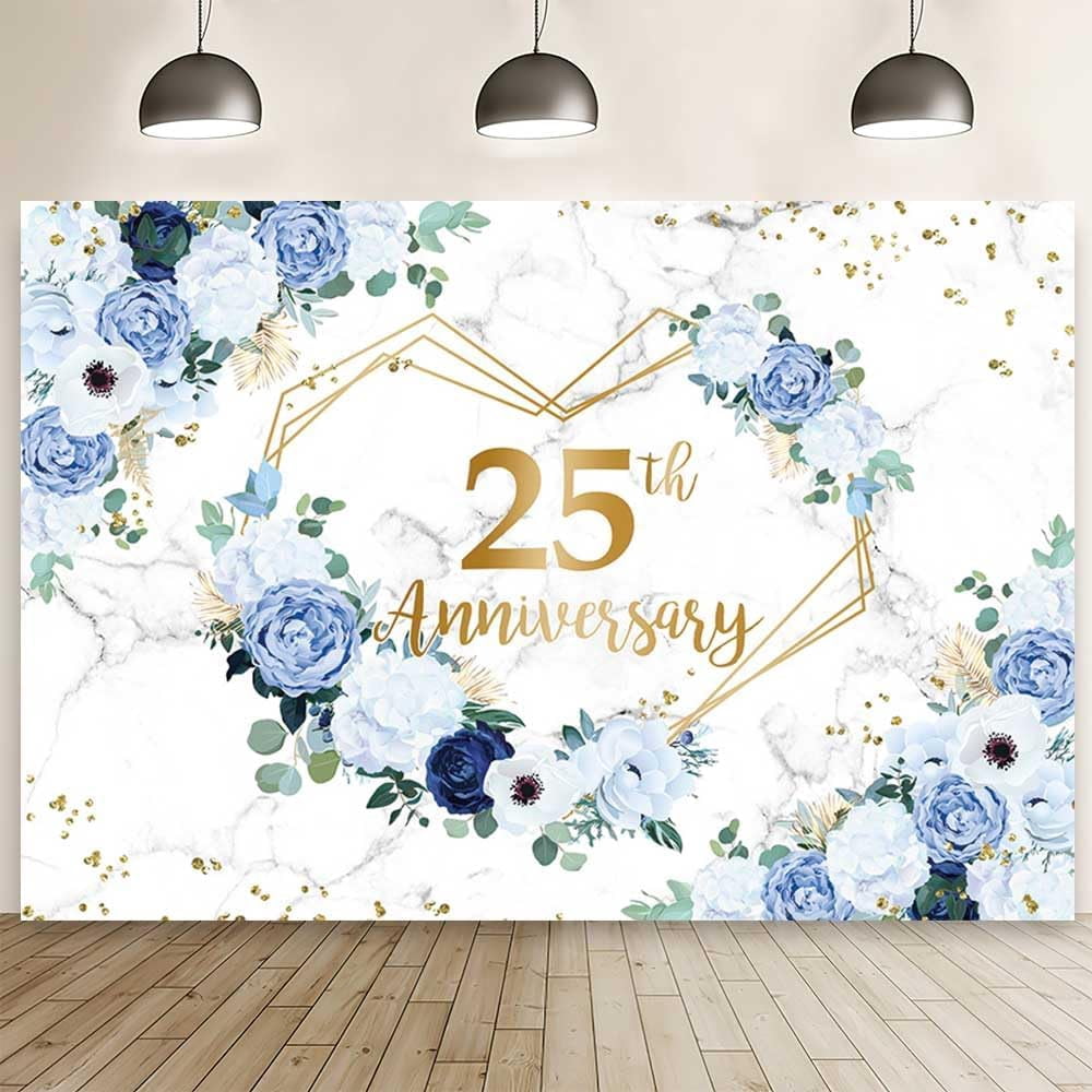 Happy 25th Anniversary Backdrop Blue and White Floral Cheers to 25 ...