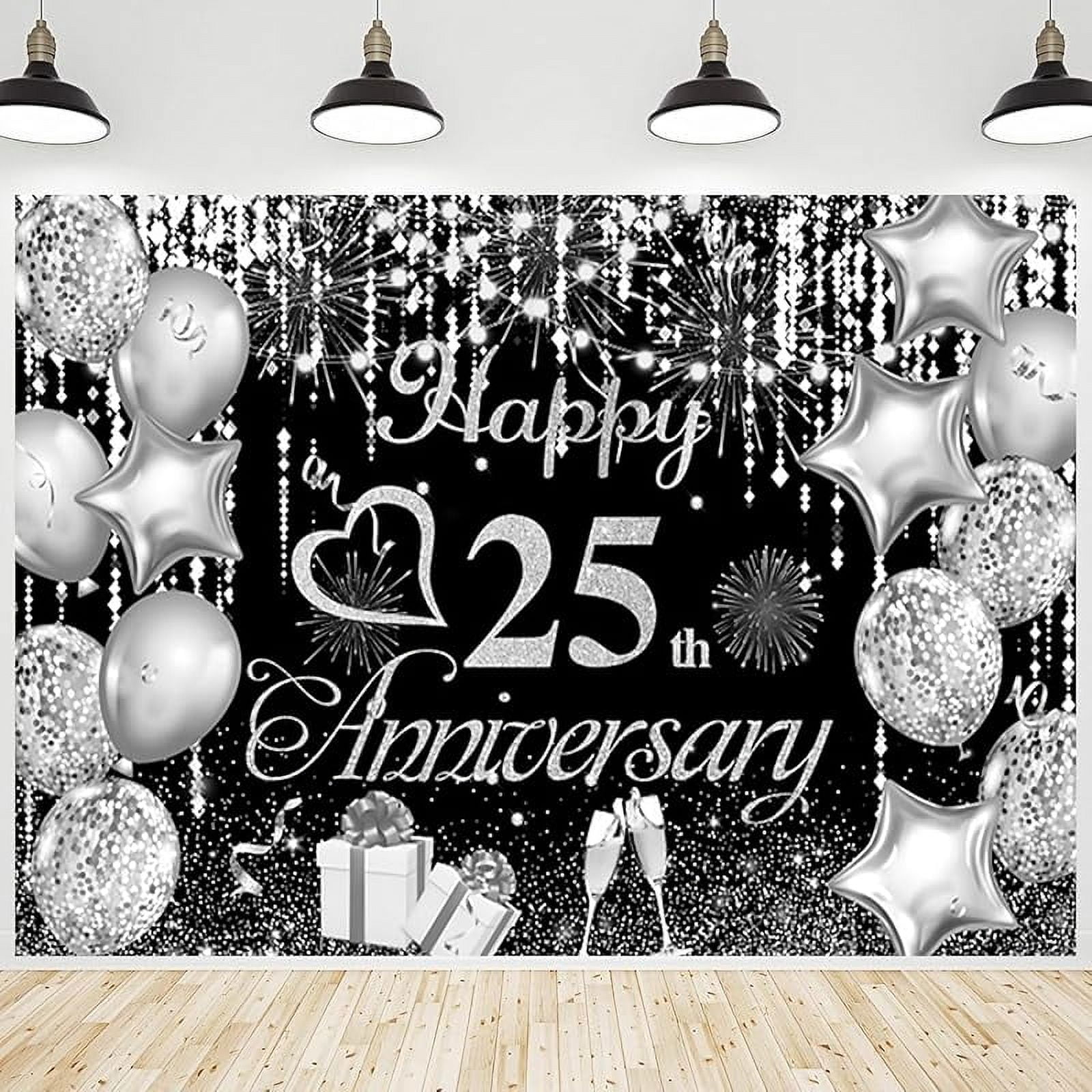 Happy 25th Anniversary Backdrop Silver Black Balloons Ribbons ...