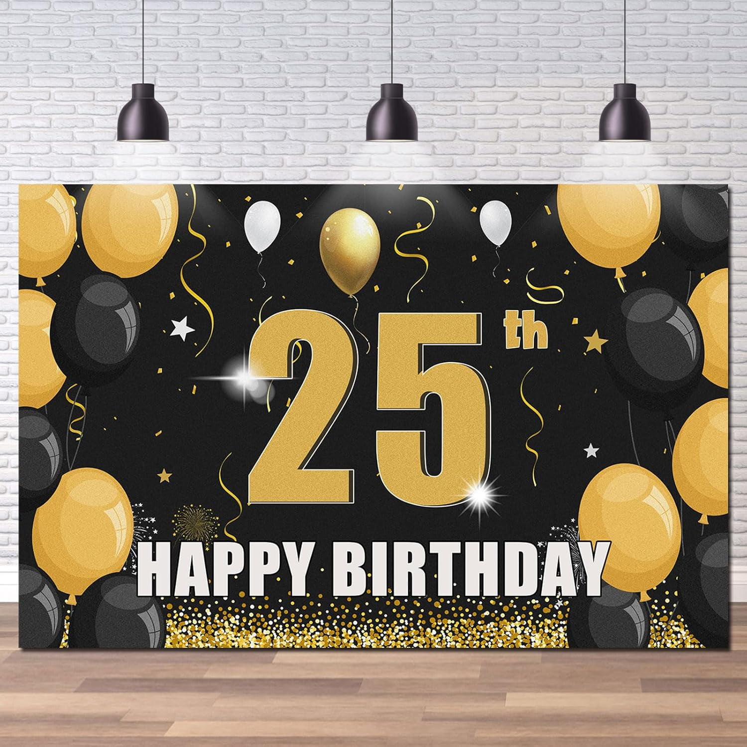 Happy 25th Birthday Backdrop Banner Black and Gold 25th Birthday Poster ...