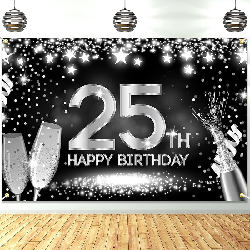 Happy 25th Birthday Banner Backdrop Silver and Black Champagne 25 Years ...