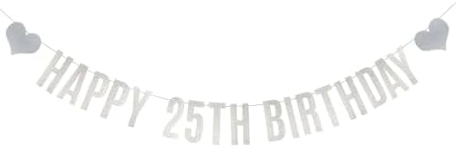 Happy 25th Birthday Banner, Pre-Strung,Silver Glitter Paper Garlands ...