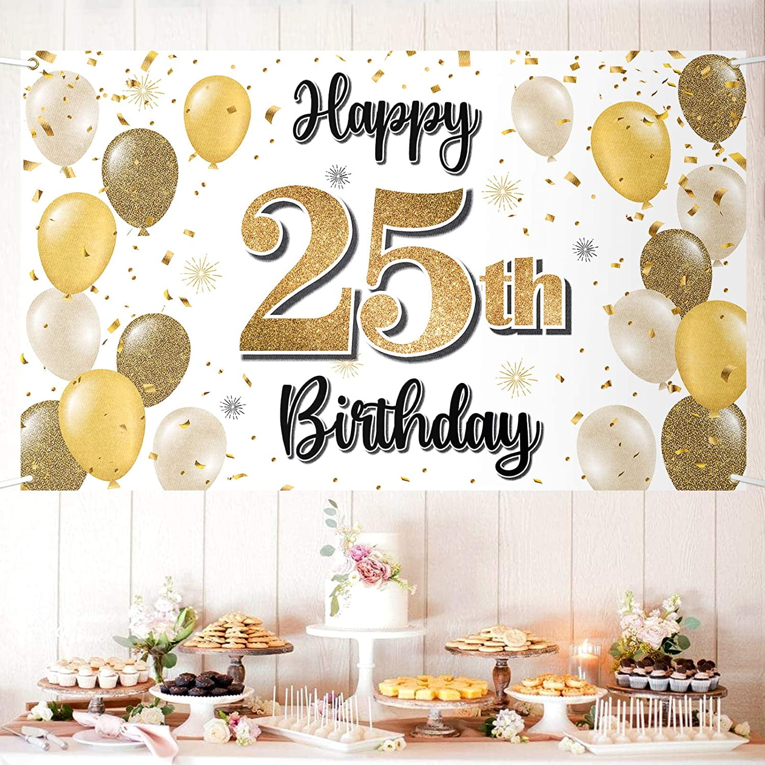 Happy 25th Birthday Decoration Banner,25th Gold Balloon Large Birthday ...