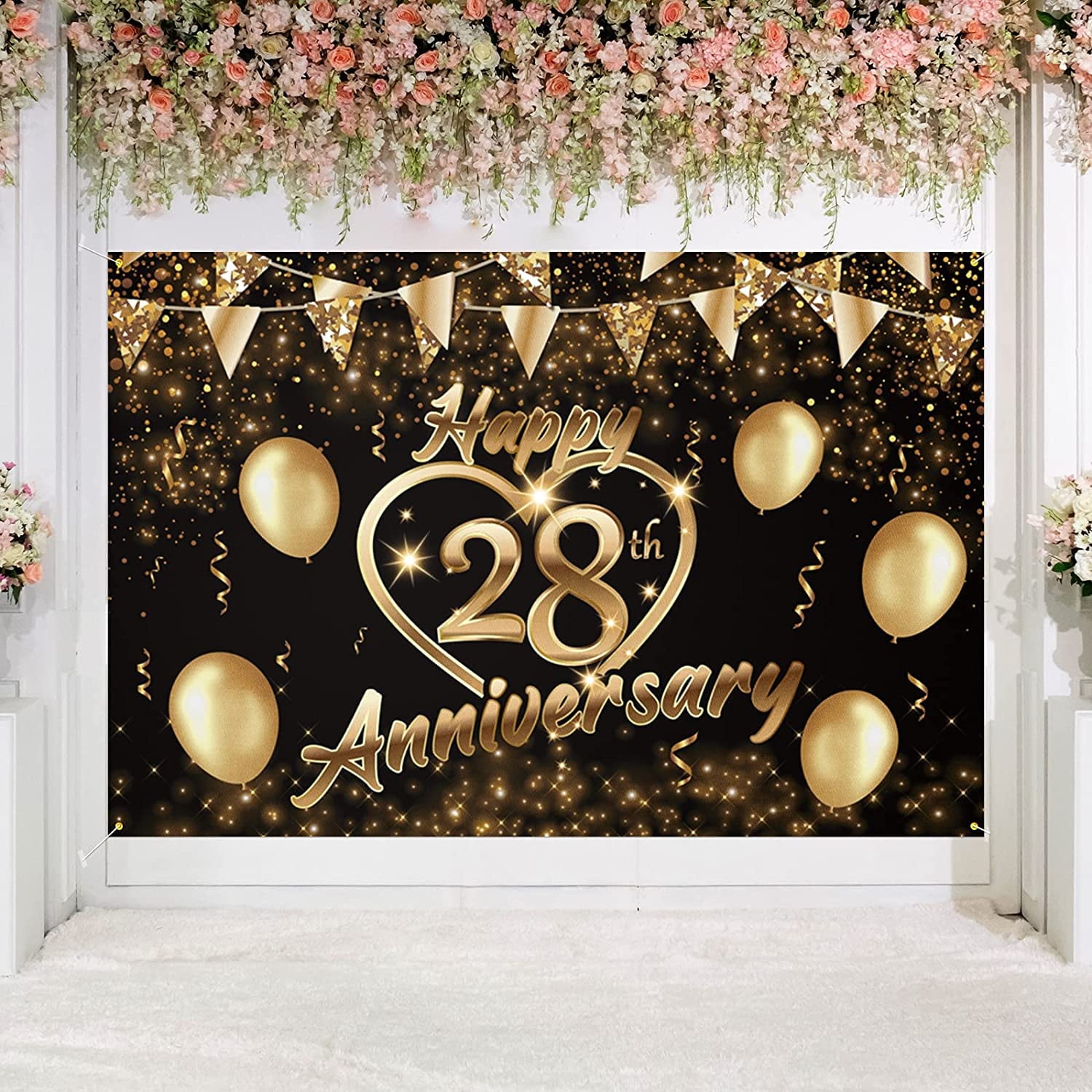 Happy 28th Anniversary Backdrop Banner Decor Black Gold Love Heart ...