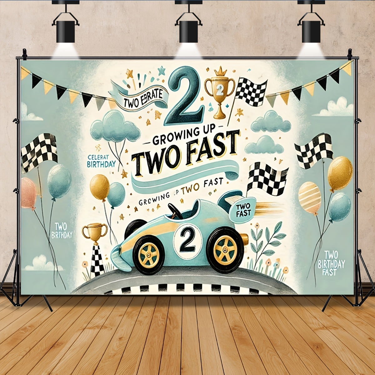 Happy 2nd Birthday Car Racing Party Backdrop Green Blue Racing Two Fast ...