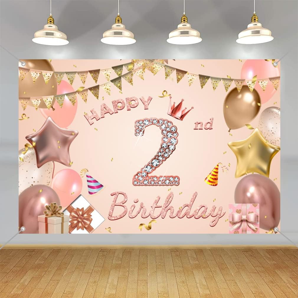 Happy 2nd Birthday Decorations Backdrop Banner for Girls Happy 2 Years ...