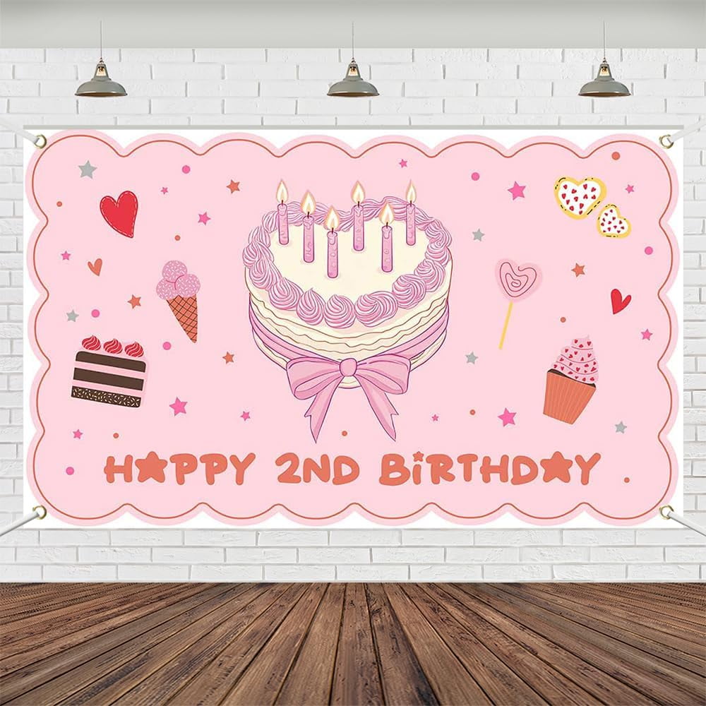 Happy 2nd Birthday Decorations Banner for 2 Year Old Girl - Pink Second ...