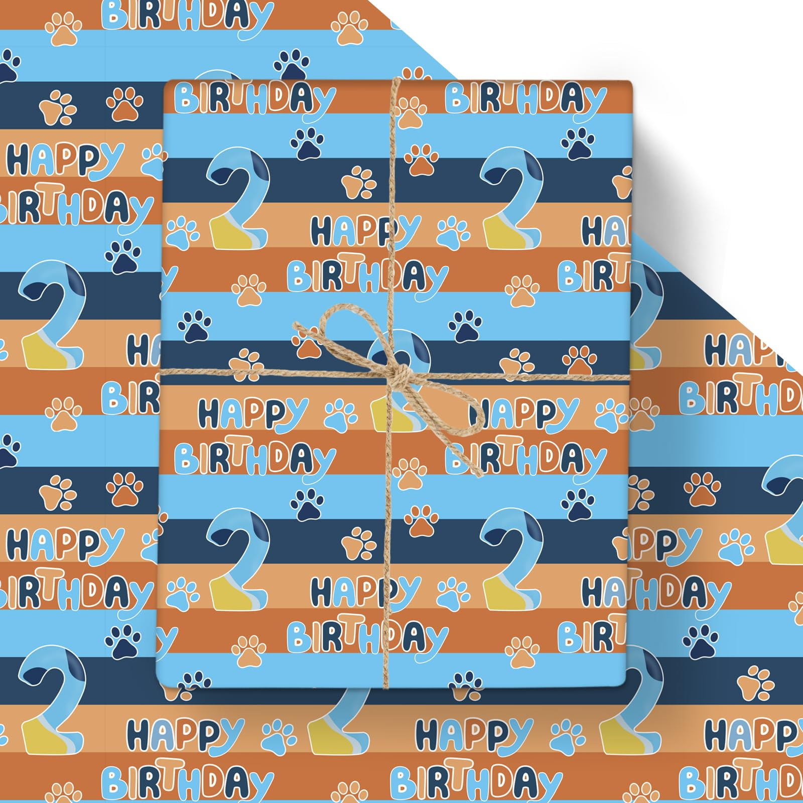 Happy 2nd Birthday Wrapping DHF10 Paper, 10 Sheets Blue Orange Dog Paw ...