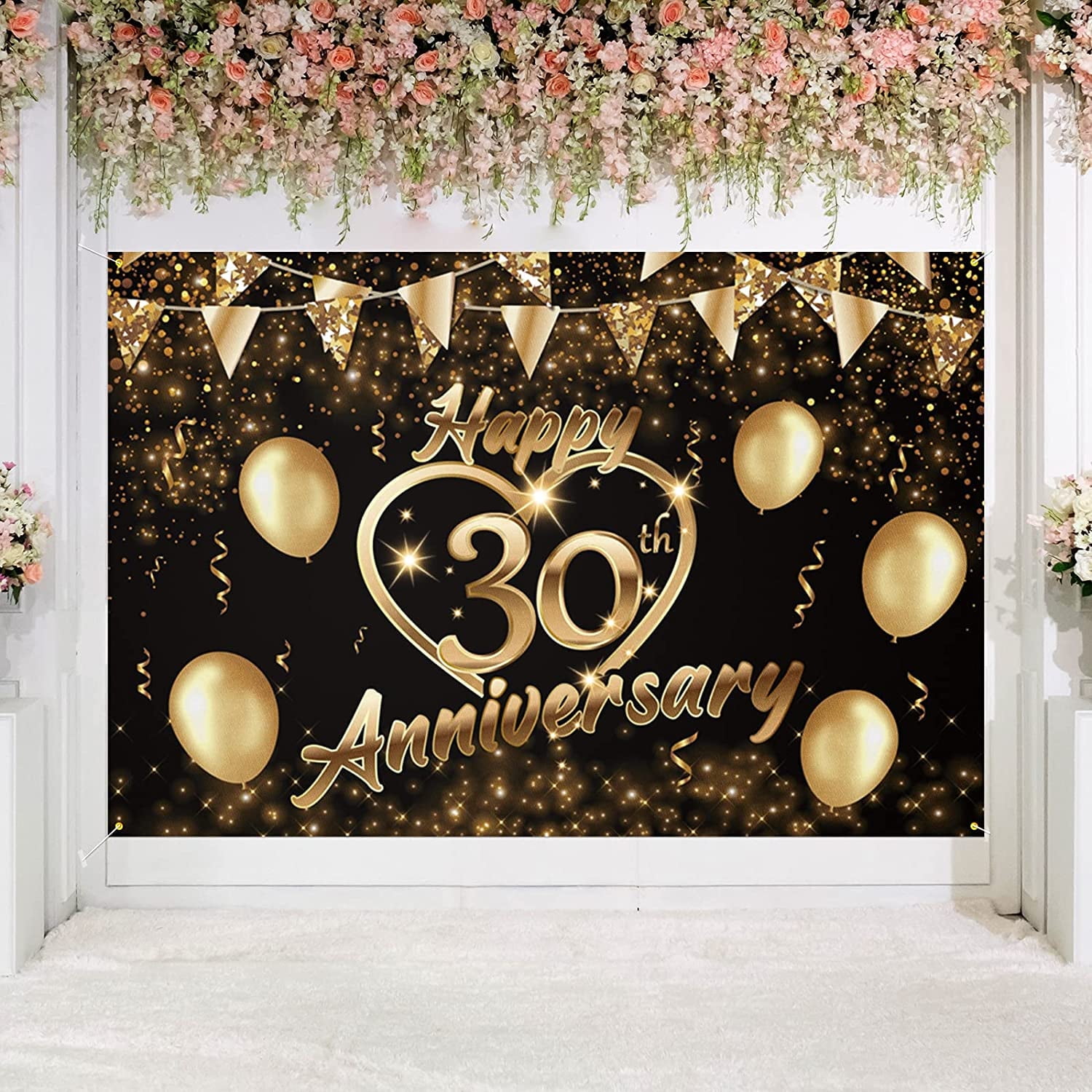Happy 30th Anniversary Backdrop Banner Decor Black Gold Love Heart ...